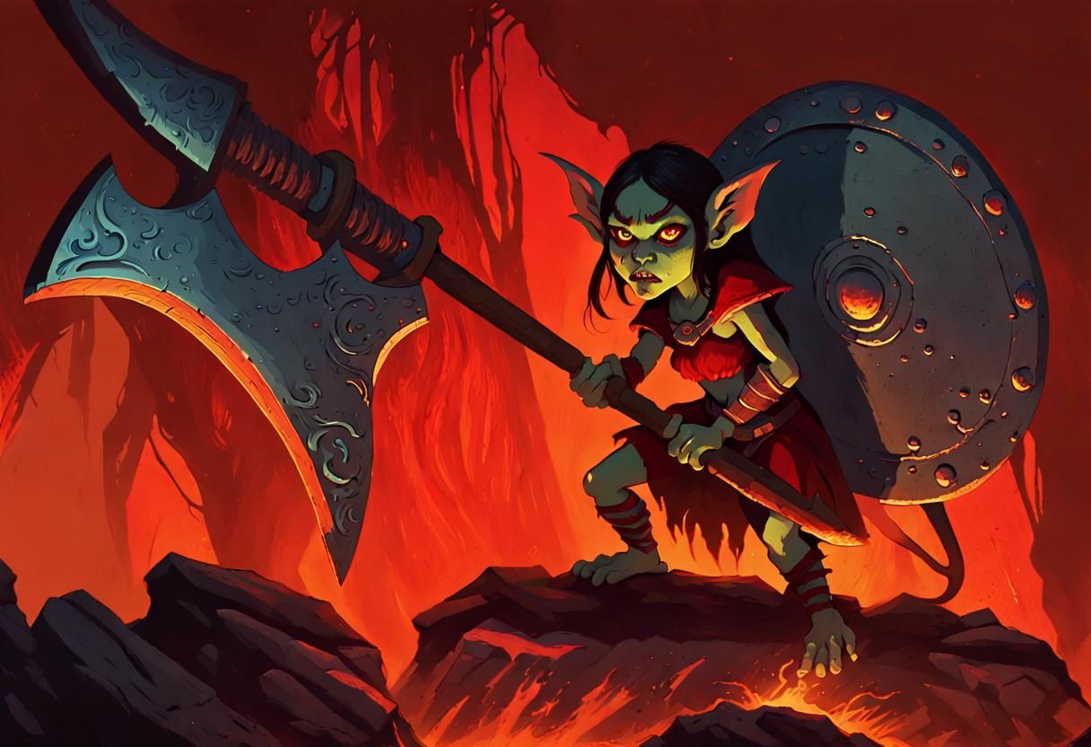 Cutie Red Goblin Girl's Fire - Glowing Red Goblin Goddess wi...