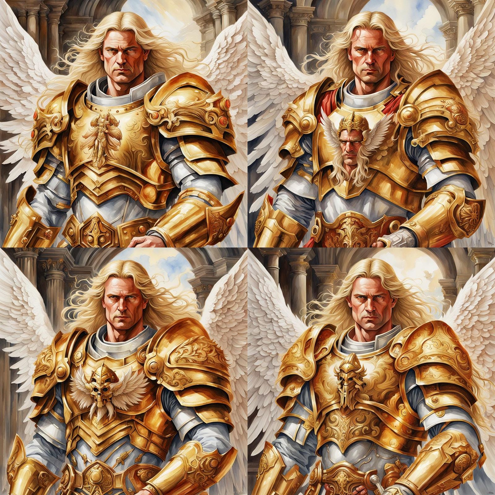Watercolor painting of Sanguinius. White angel wings, long blonde hair ...