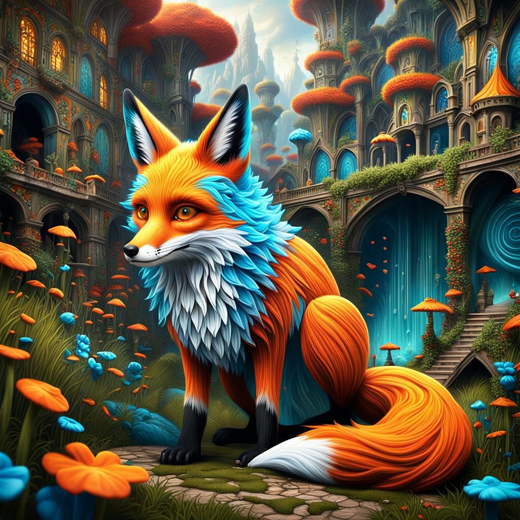 A mischievous fox with fur that constantly shifts colors and patterns ...