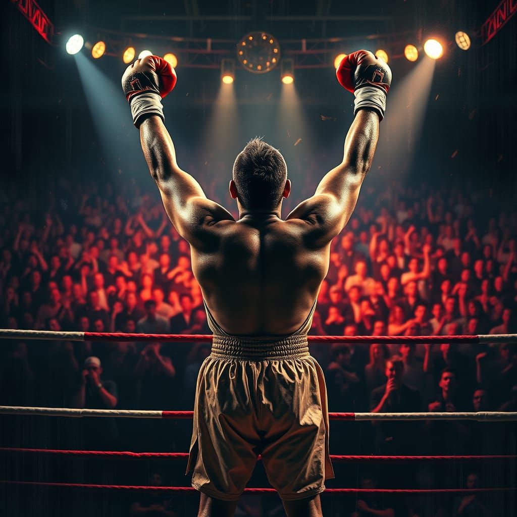 Vibrant Boxing Ring Victory in Cyberpunk Aesthetic - AI Art