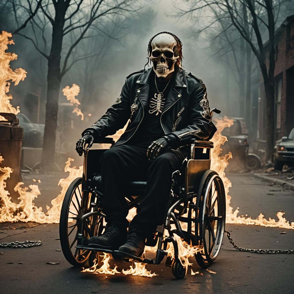 in the flames sitting in a wheelchair, the ghost drive is pictured with ...