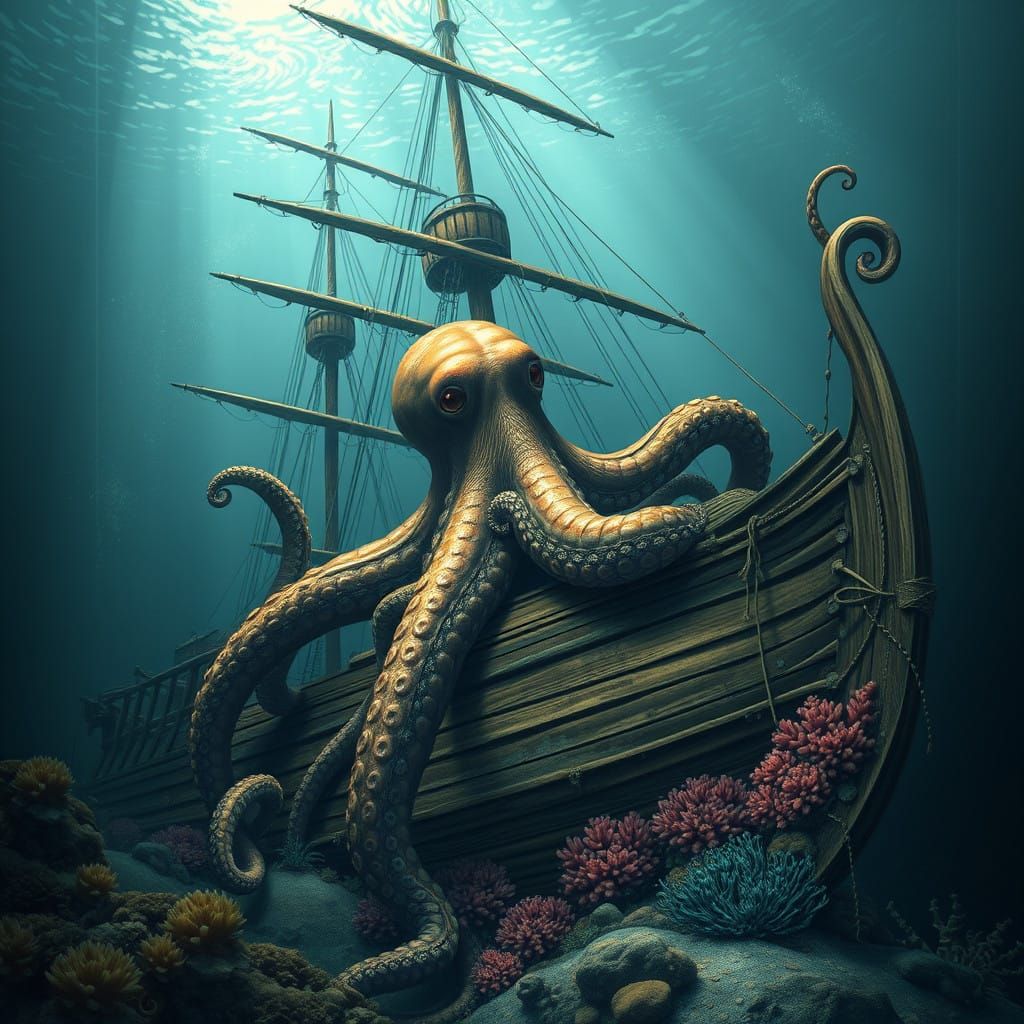 a sunken sailing ship, large detailed octopus, seaweed growing