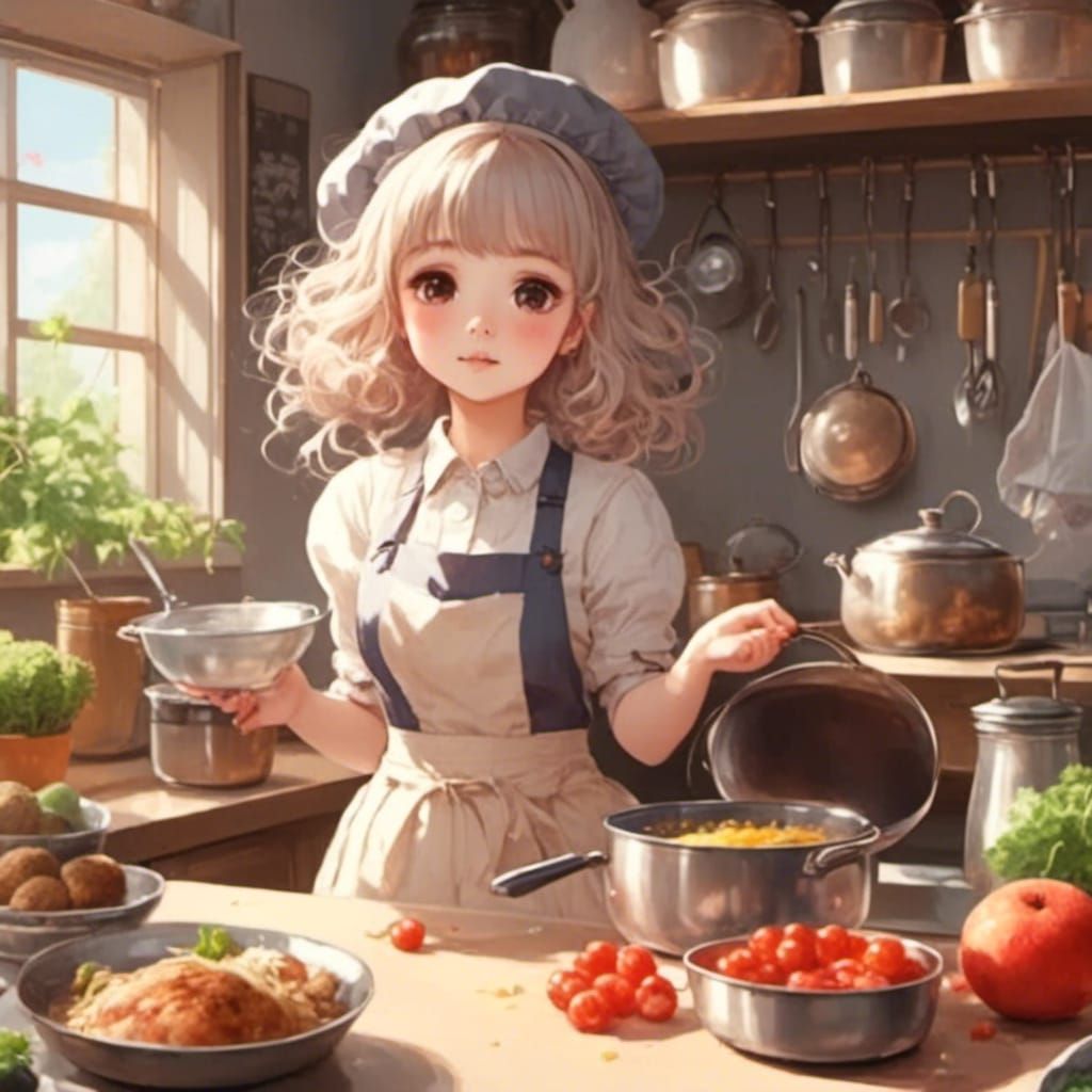 Kawaii, girl cooking in kitchen. - AI Generated Artwork - NightCafe Creator