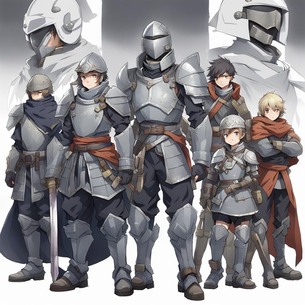 adventurer, helmets, worn down armour, group, gray armor and clothes, woman, men - AI Generated ...