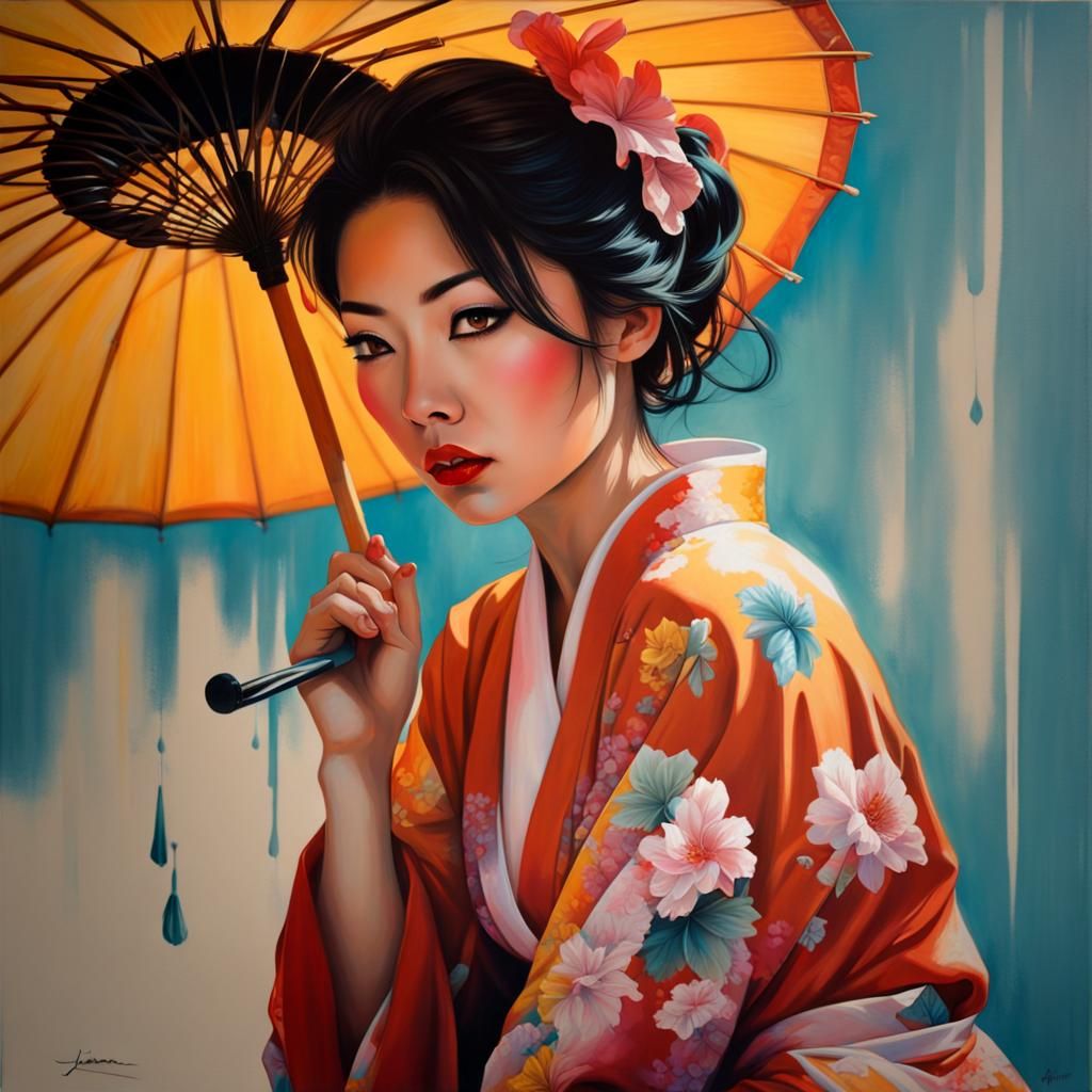 " Beautiful Asian pinup girl with umbrella" "kimono" Hyperrealistic ...