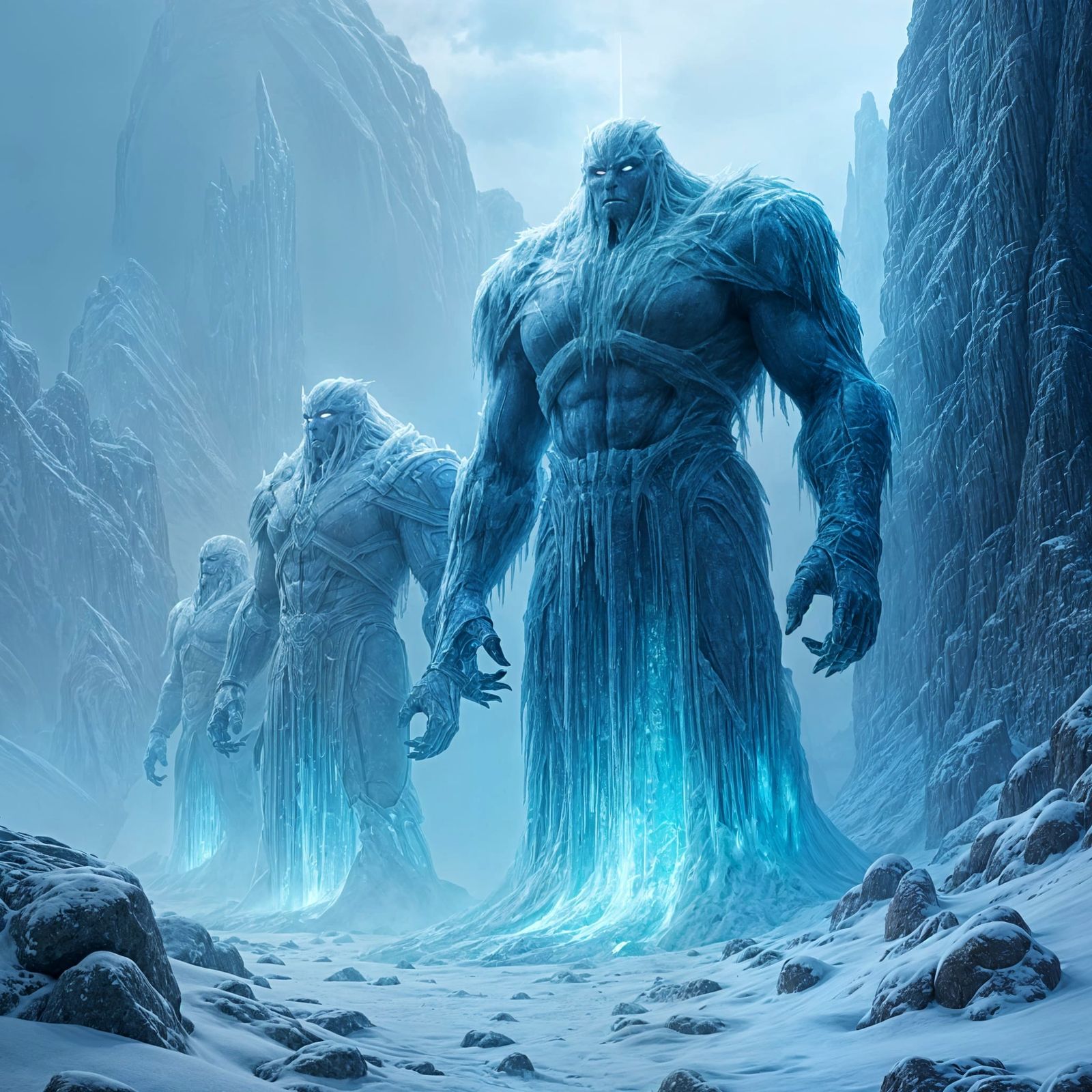 Cyberpunk Fantasy Golems Stand Guard in the Frost - AI Art