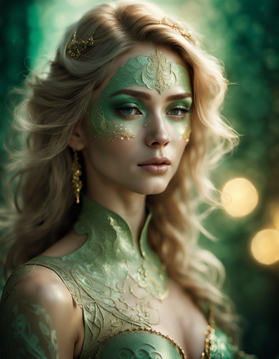 a women with green skin of face with fine detailed calligraphic patterns