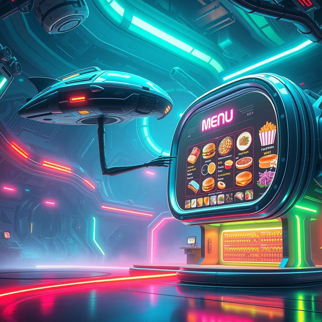 Cosmic Fast Food Oasis in Neon Hues - AI Art