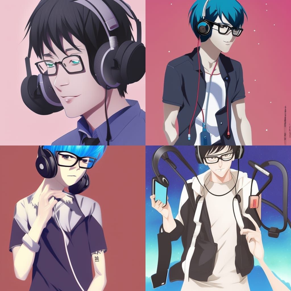 six foot tall non-binary person with black hair, blue eyes, glasses and headphones in - AI ...