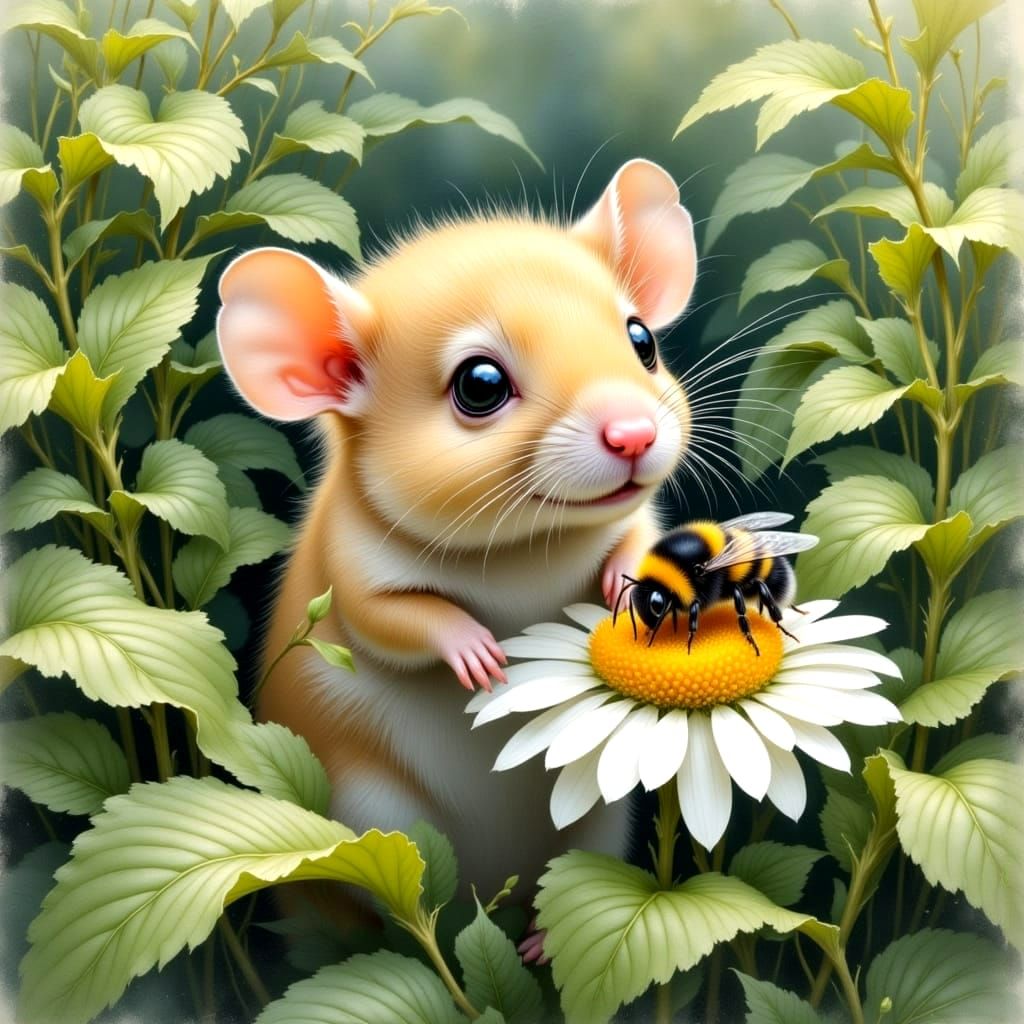 Mouse Peeking at Bumble Bee in Dreamy Watercolour - AI Art
