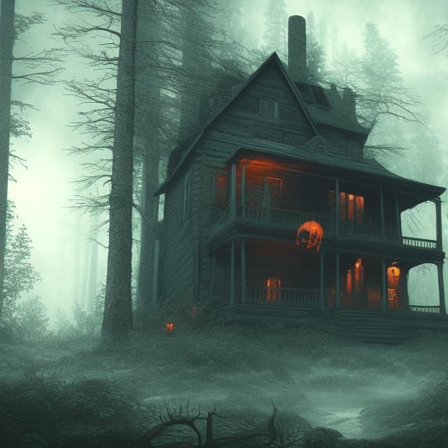 spooky haunted cabin in the foggy woods with alien on porch detailed ...