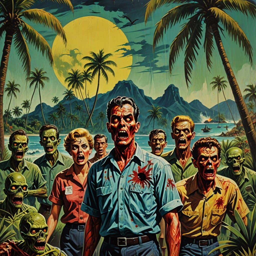 Zombies on a Tropical Island Horror Poster in Oil ... - AI Art