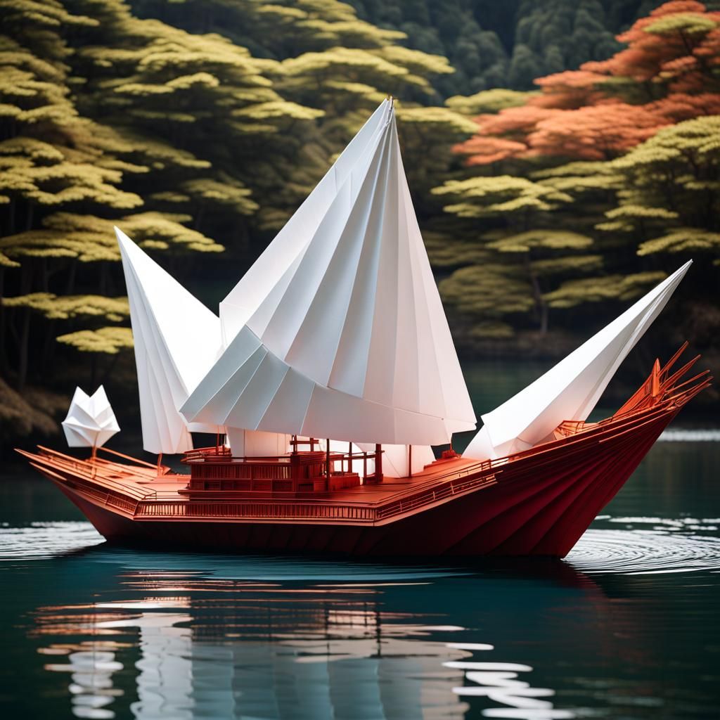 a giant origami ship floating on a {real lake:1.5}, By Stephen Meakin ...
