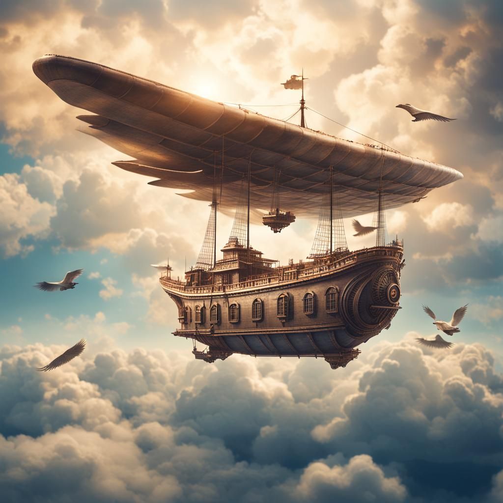 Flying ship with large bird wings soaring among the clouds - AI ...