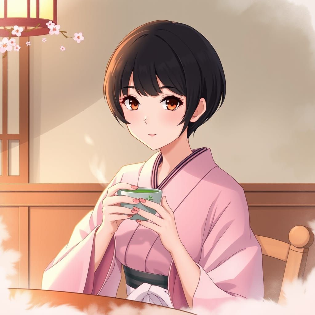 Green tea - Anime Woman Sips Green Tea in Whimsical Garden S...