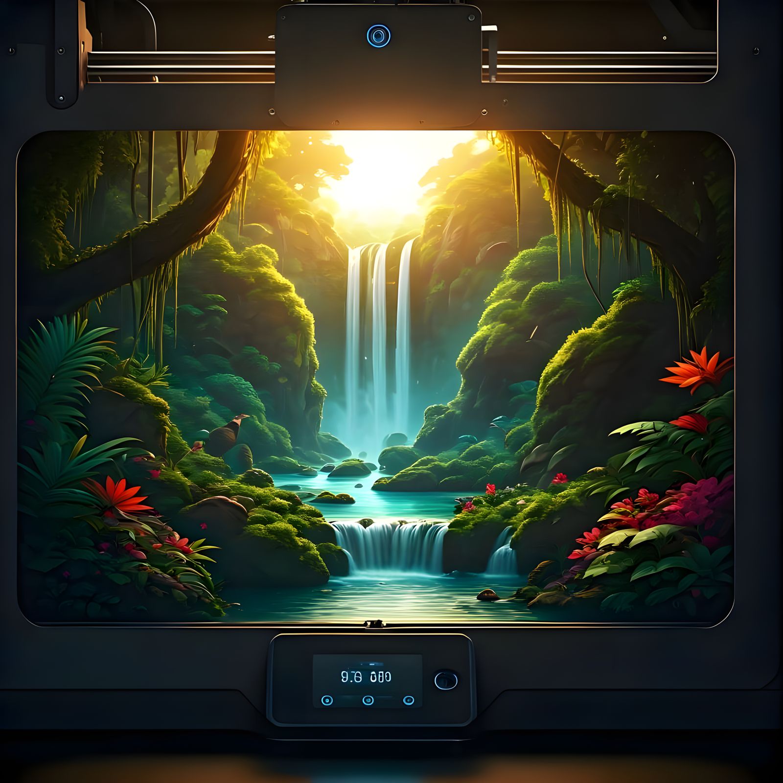 3d-printer prints beautiful intricate jungle landscape with emerald ...