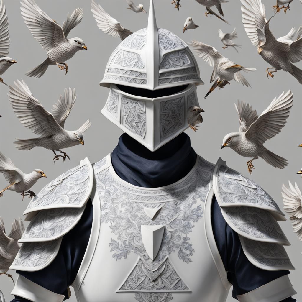 A beautifully detailed white armor with a triangle shaped shield with ...