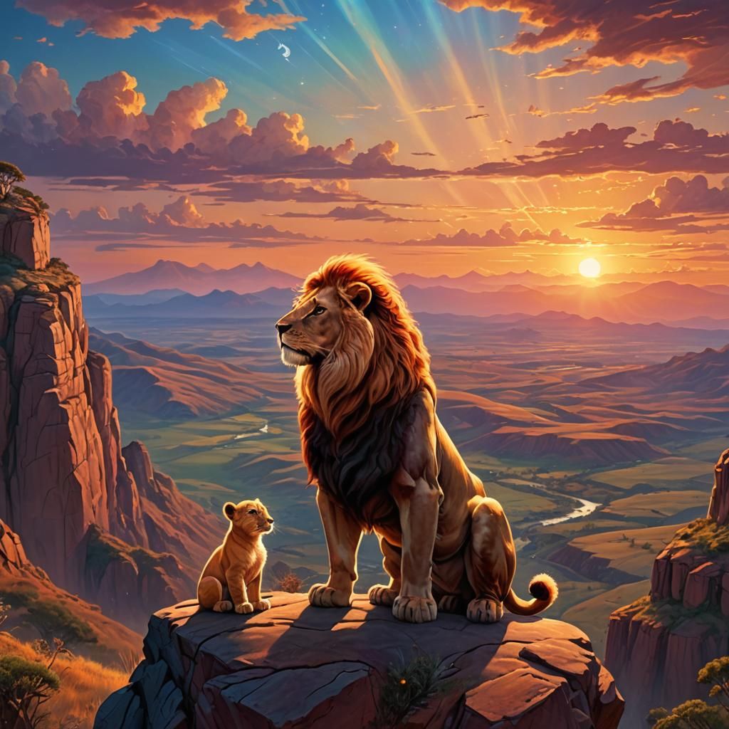 Mufasa and baby Simba standing on a cliff looking over the valley at ...
