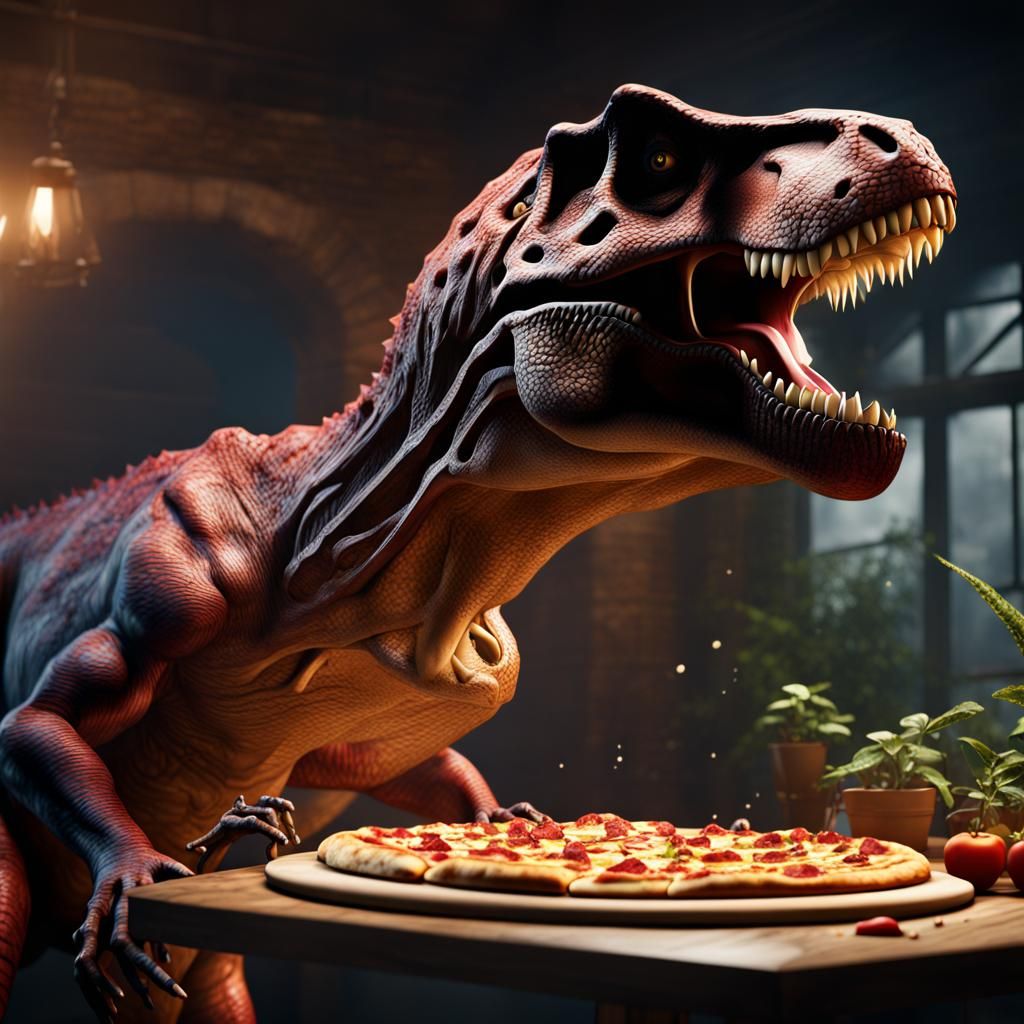 realistic t-rex eating pizza - AI Generated Artwork - NightCafe Creator