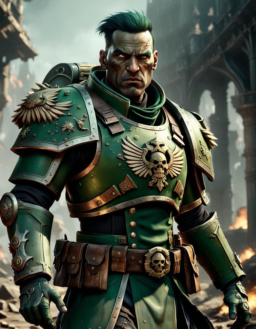 A human male soldier from Warhammer: 40k. He is wearing a chest plate ...