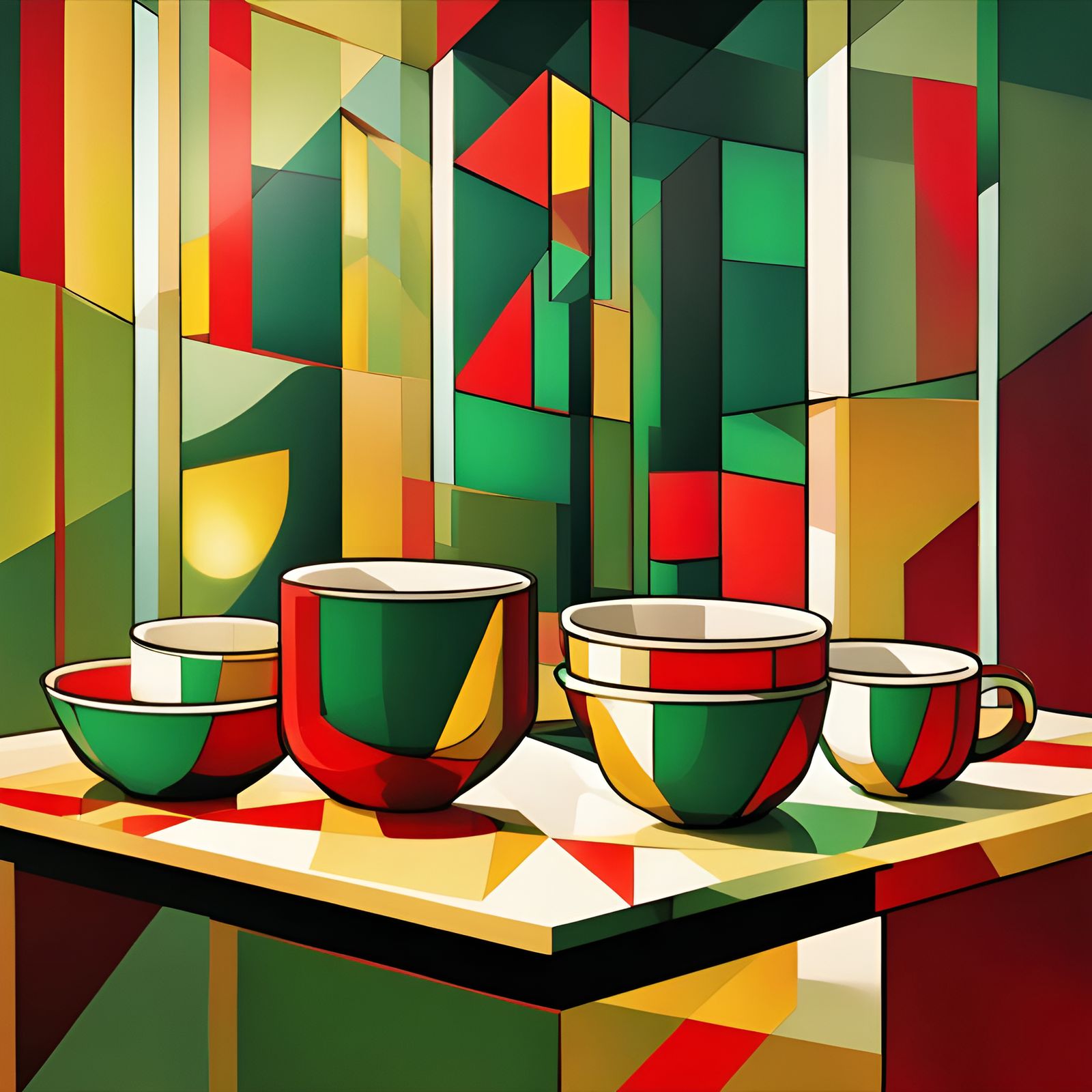 A room with glass, plates and cups, red, green yellow and golden ...