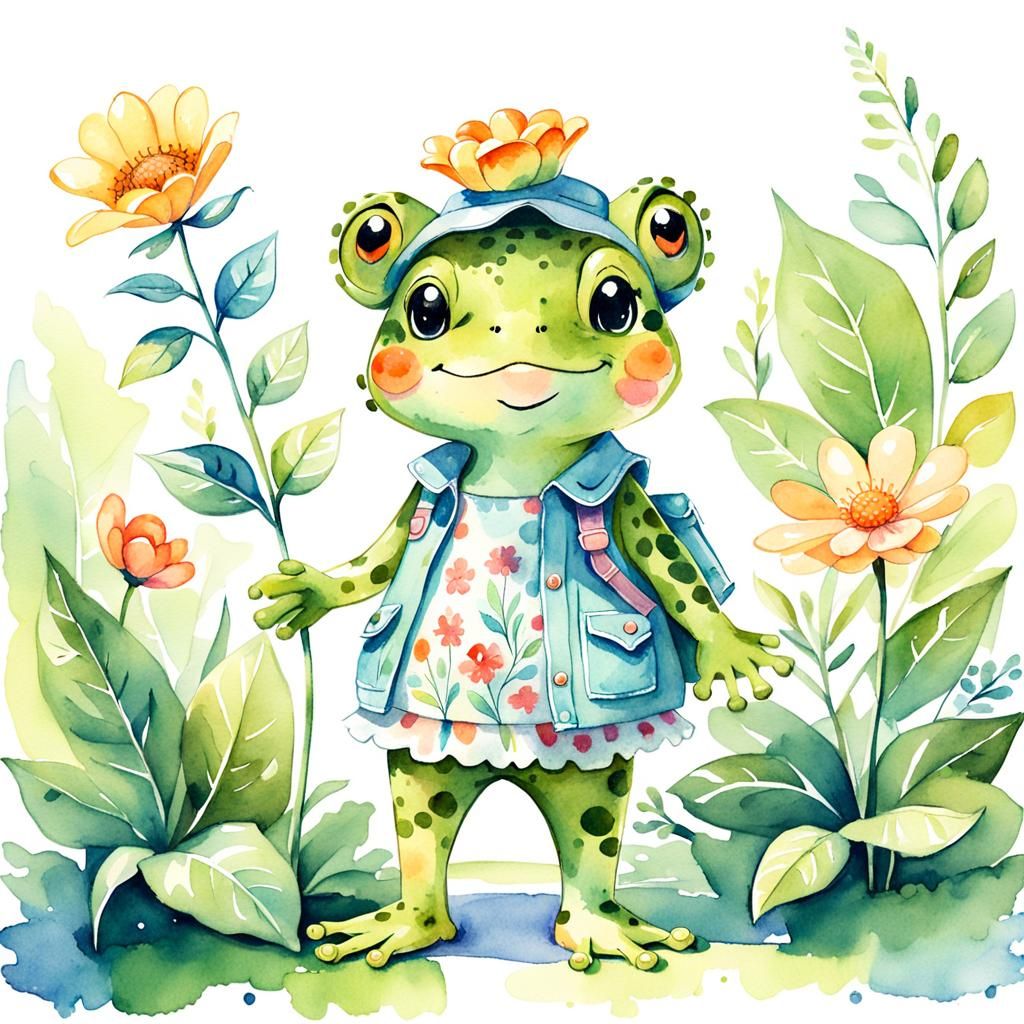 Whimsical Watercolor Cartoon of a Smiling Toy-Frog... - AI Art