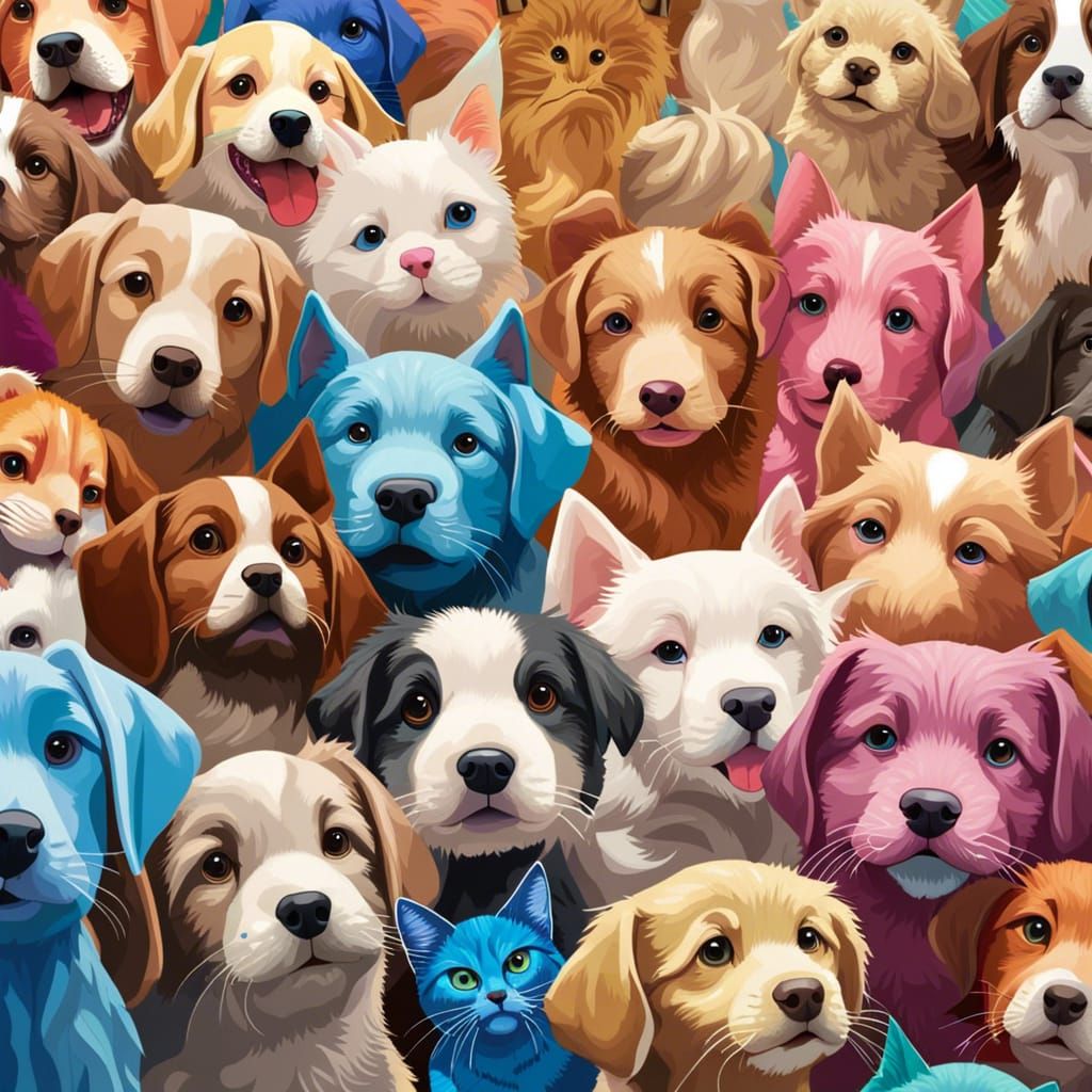 Cute little puppies and cats crowded, dogs, doggies, group photo, faces ...