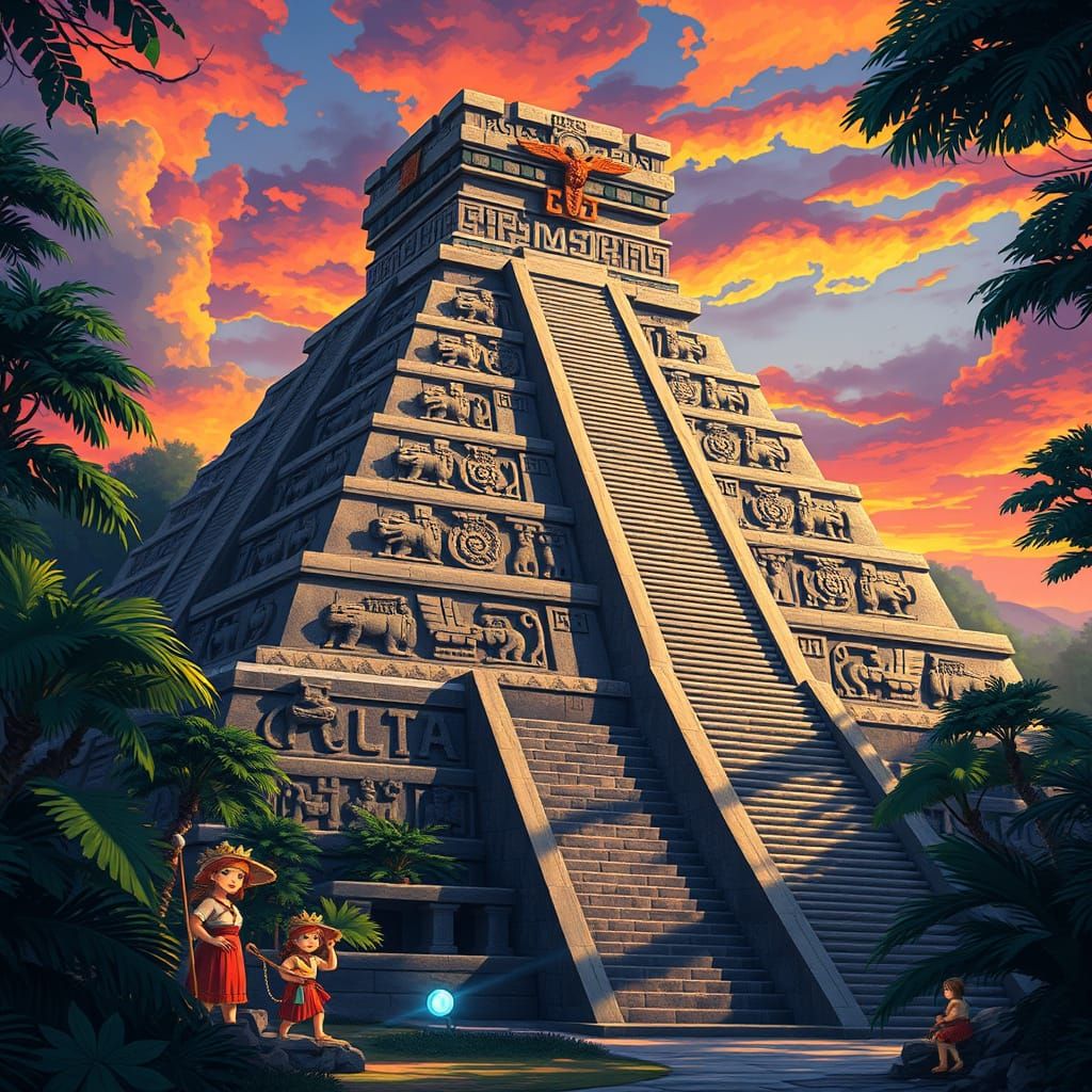 Majestic Mesoamerican Pyramid in Vibrant Anime Sty... - AI Art