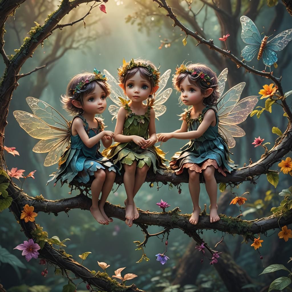 3 cute colorful tiny fairies sitting on a branch. - AI Generated ...