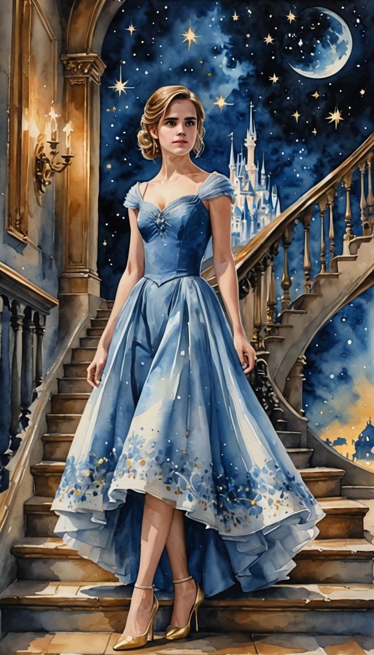 Watercolor painting of Emma Watson as Cinderella, wearing the classic ...