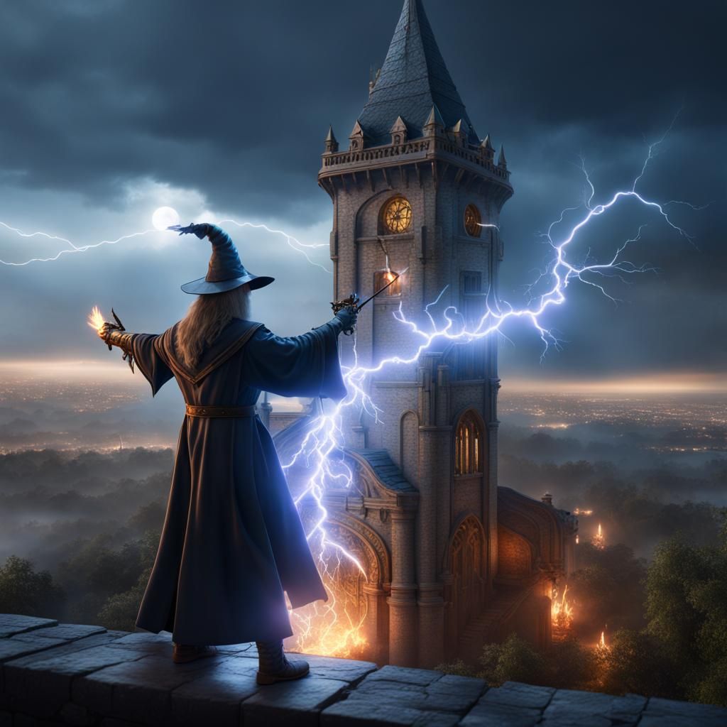 wizard shooting lightning from a tower - AI Generated Artwork ...