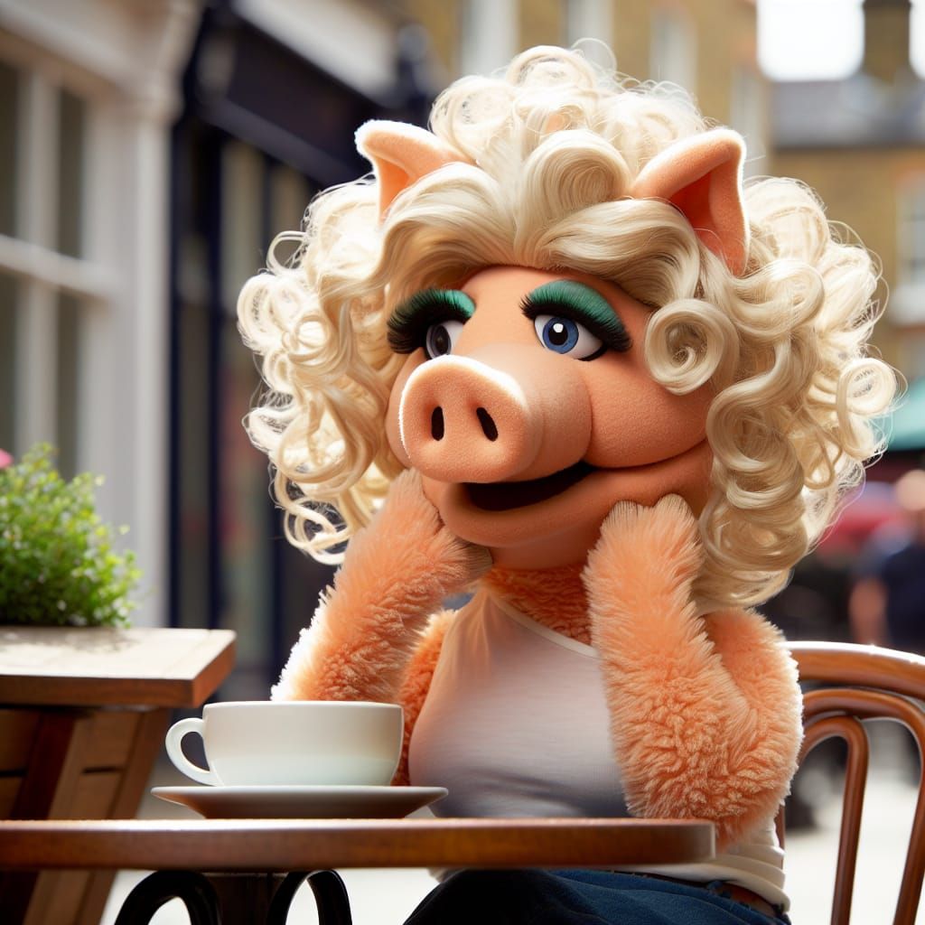 anthropomorphise pig dressed as miss piggy with blond curly hair style ...