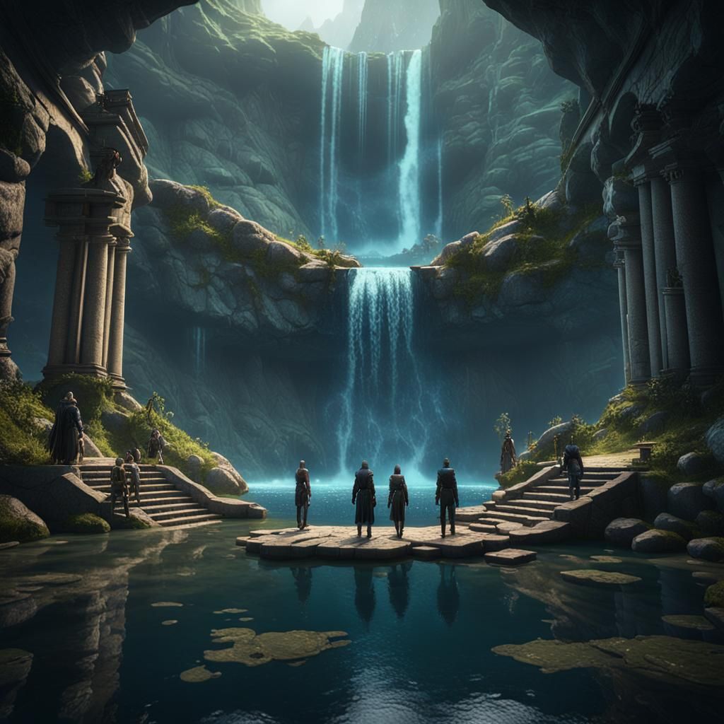 underworld people group under a vault with a lake and waterfall. The ...
