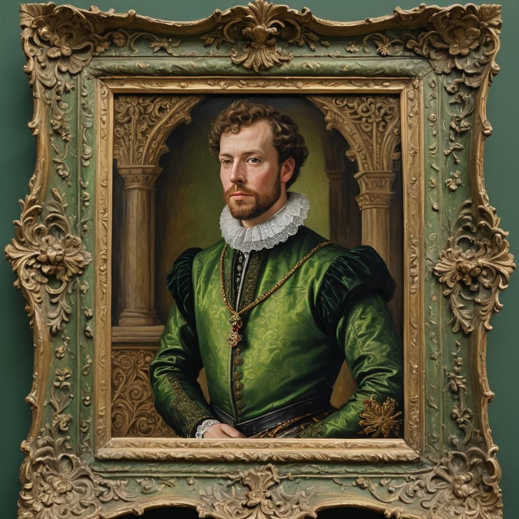Elizabethan nobleman in Green doublet ornately framed oil painting by ...