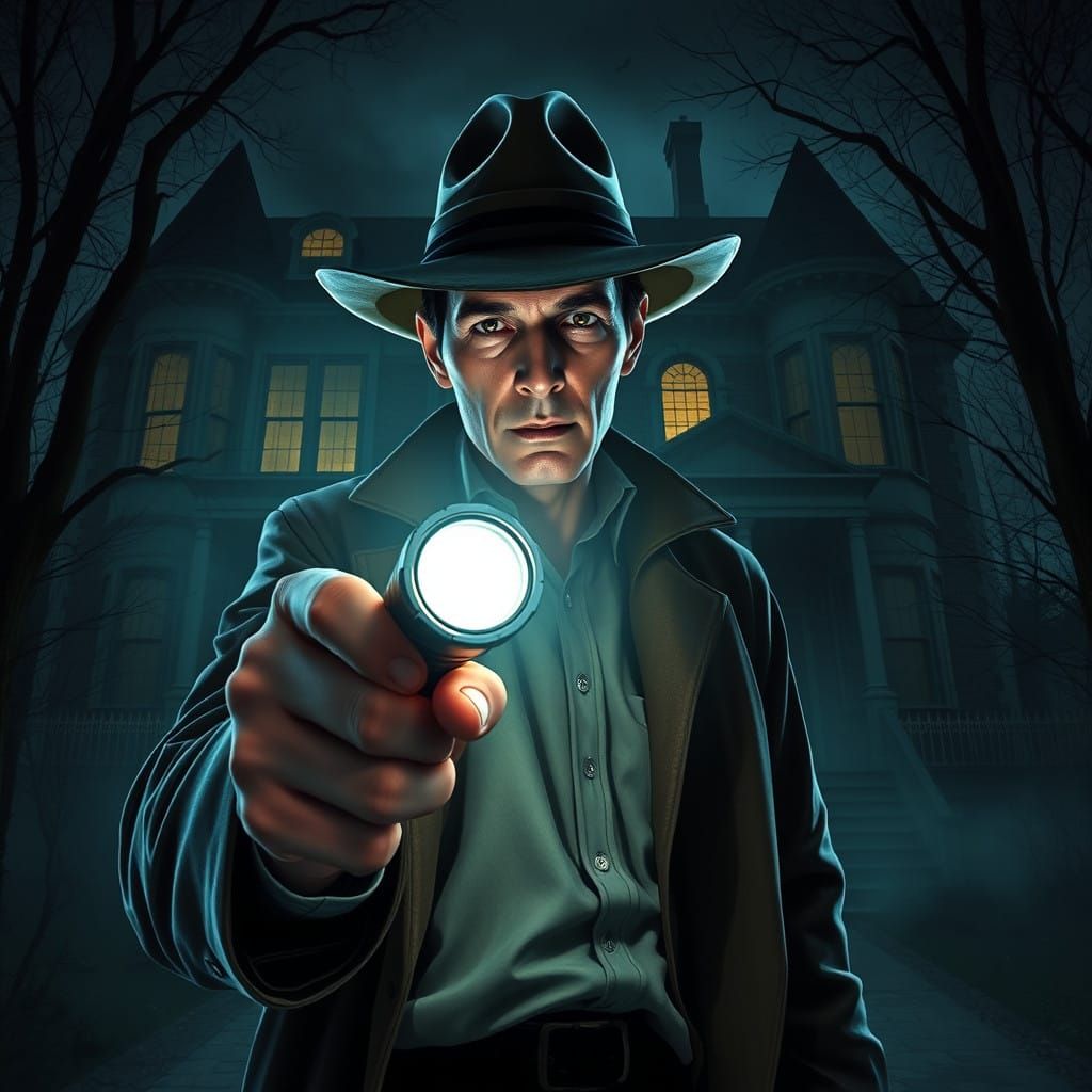 Eldritch Detective in Creepy Mansion Illuminated - AI Art