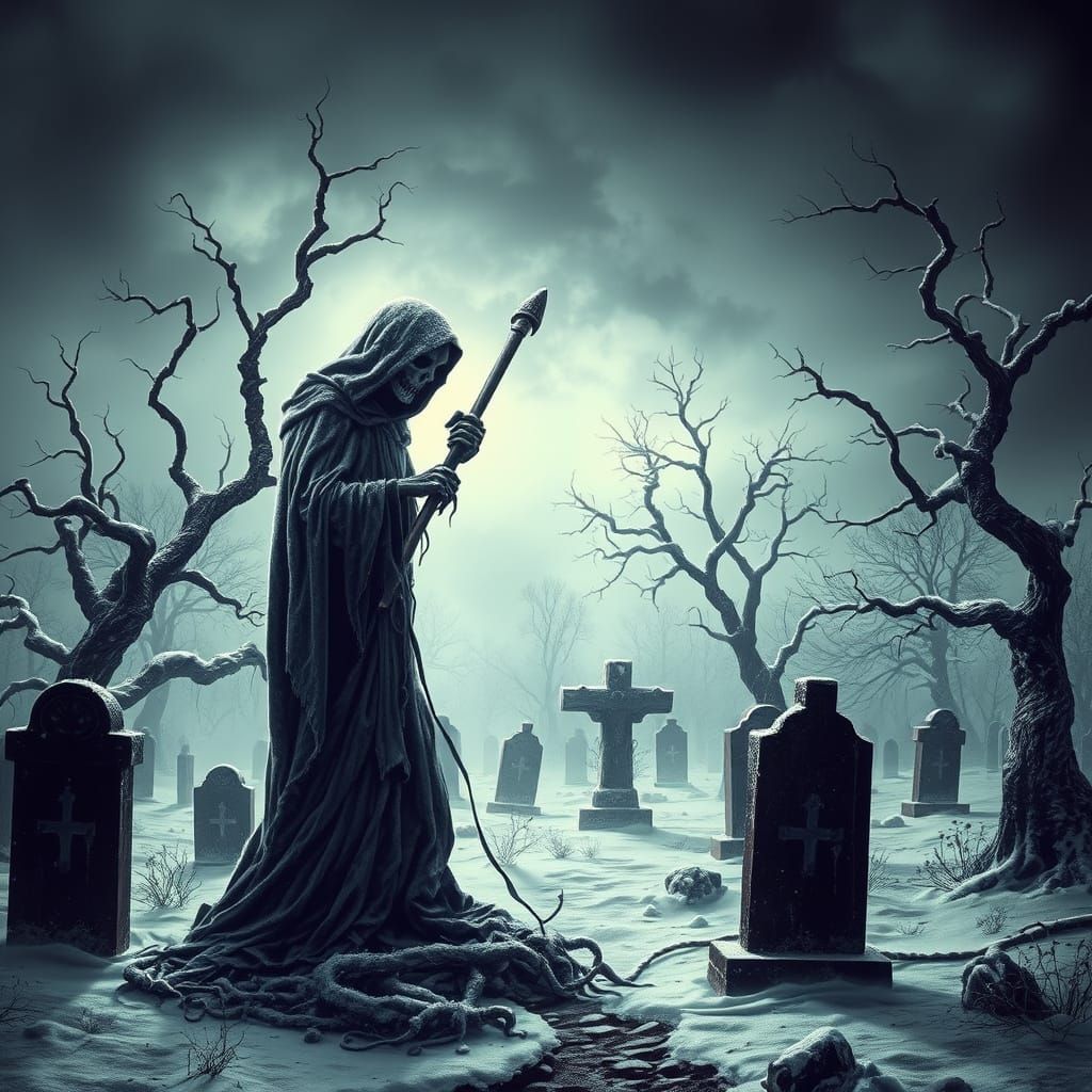 Grim reaper in a wintery haunted cemetery