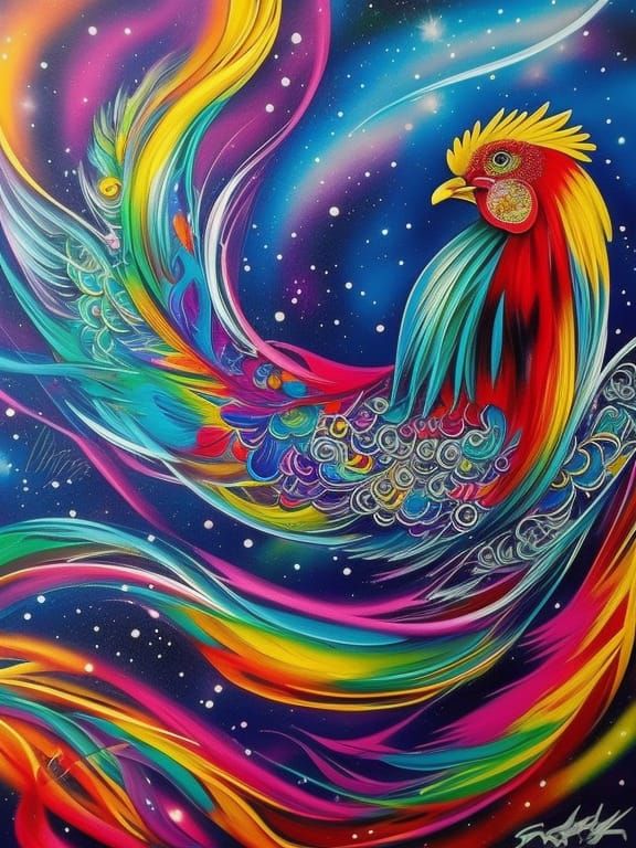 Rooster. Swirling stars, luminous full moon, graffiti art, splash art ...