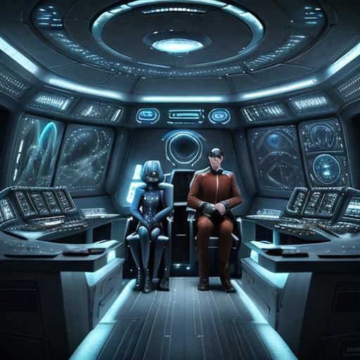 "The inside of the starship Enterprise" with the captain sitting at the ...