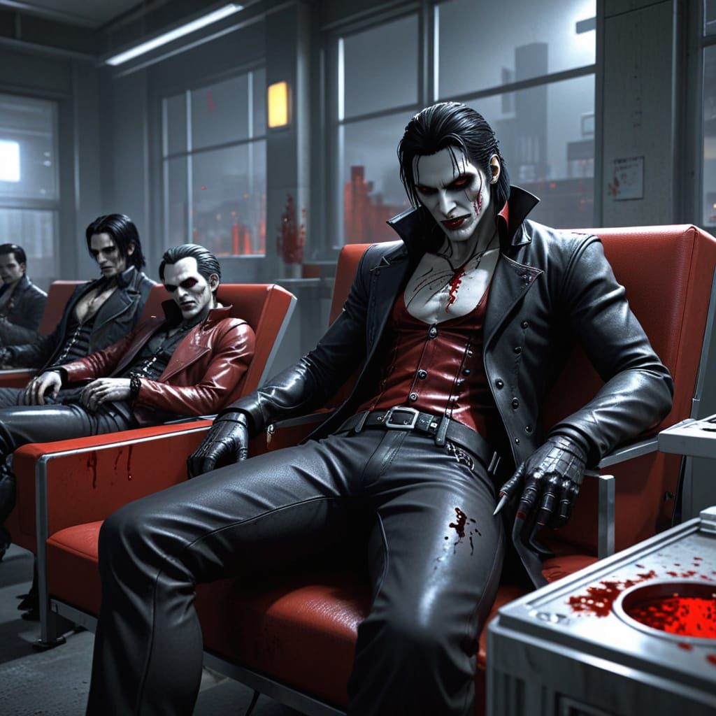 Modern Vampires justkicking back at a blood bank. best quality, highres ...