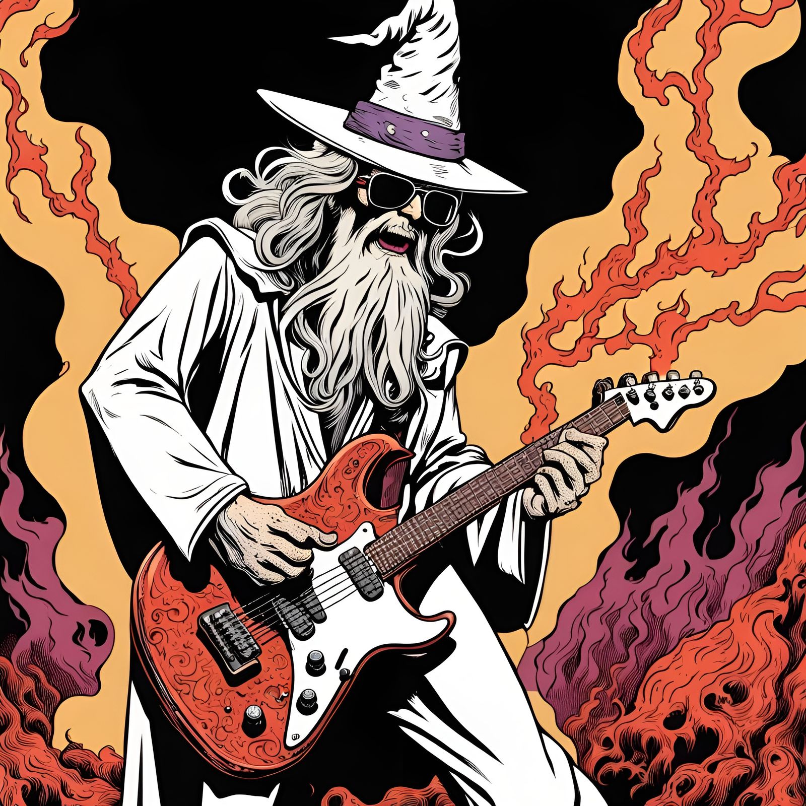 A wizard playing electric guitar in hell in a lurid 70's comic book ...
