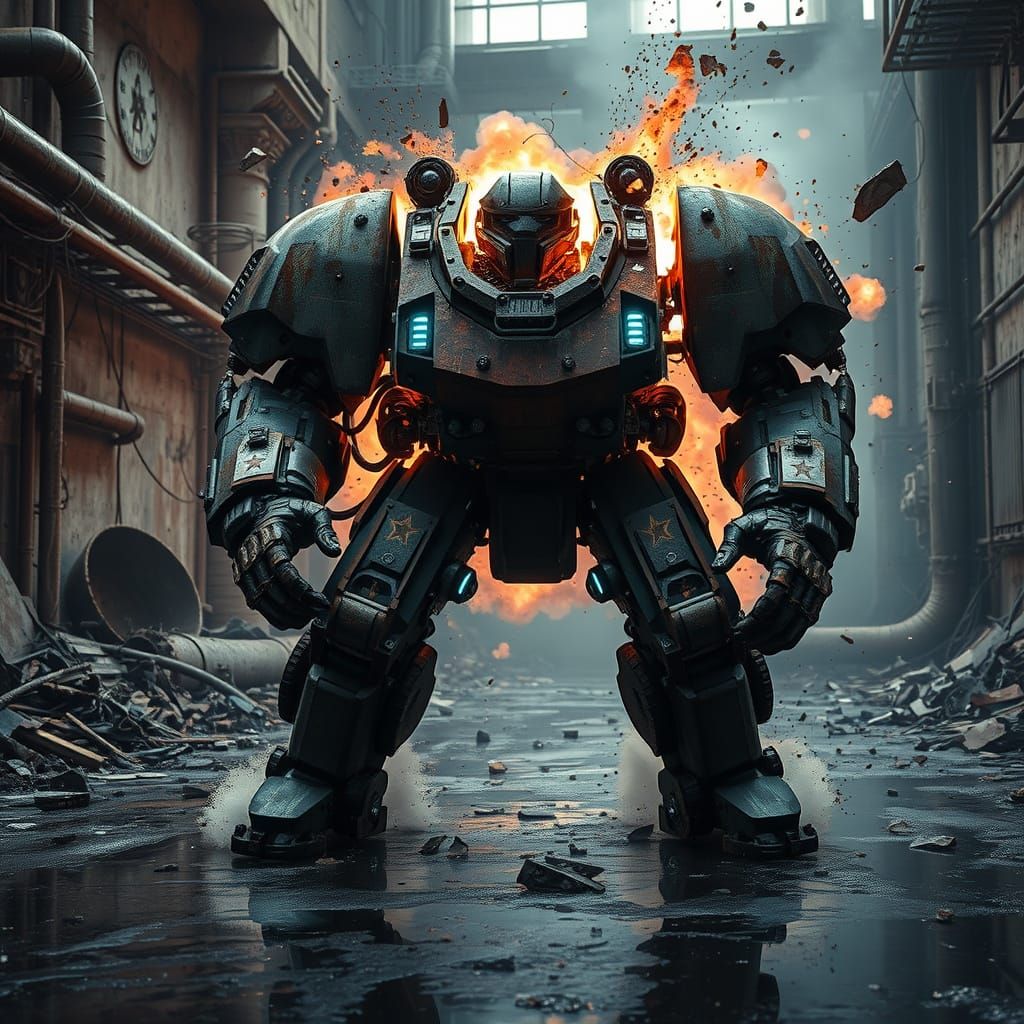 Cyborg Soldier Explodes into Battle-Torn Industria... - AI Art