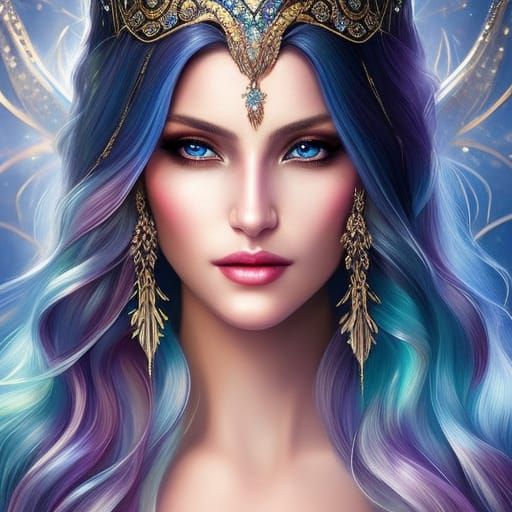 a beautiful elf woman with a crown made of glass, elven queen ...