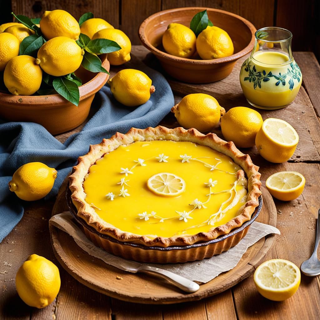 Fresh Italian lemon curd crostata in a rustic terracotta dish on a ...