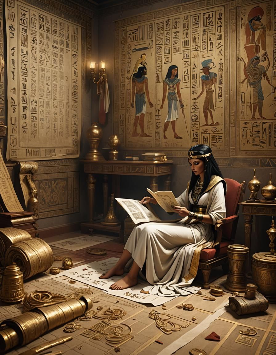 Cleopatra is reading papyrus scrolls - AI Generated Artwork - NightCafe Creator