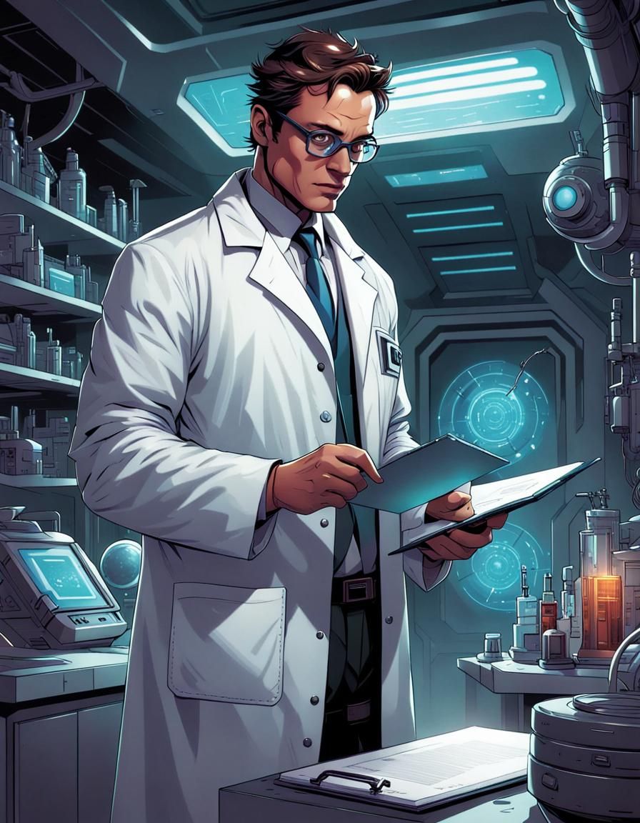 cosmic futuristic scientist with white lab coat and clipboard in a ...