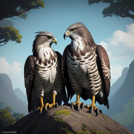 Majestic male hawk perched alongside his elegant female companion