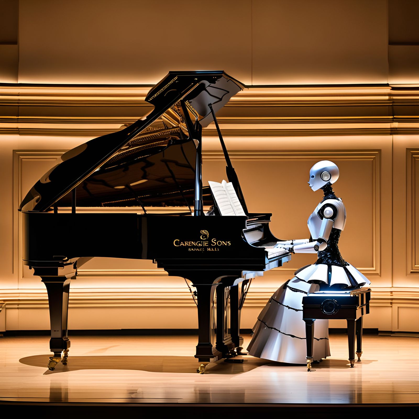 Robot Pianist on the Stage of Carnegie Hall "Cute female robot, sitting at a beautiful Steinway ...