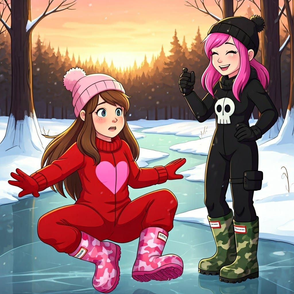 Sisters Slippery Fun in Winter Wonderland - AI Art