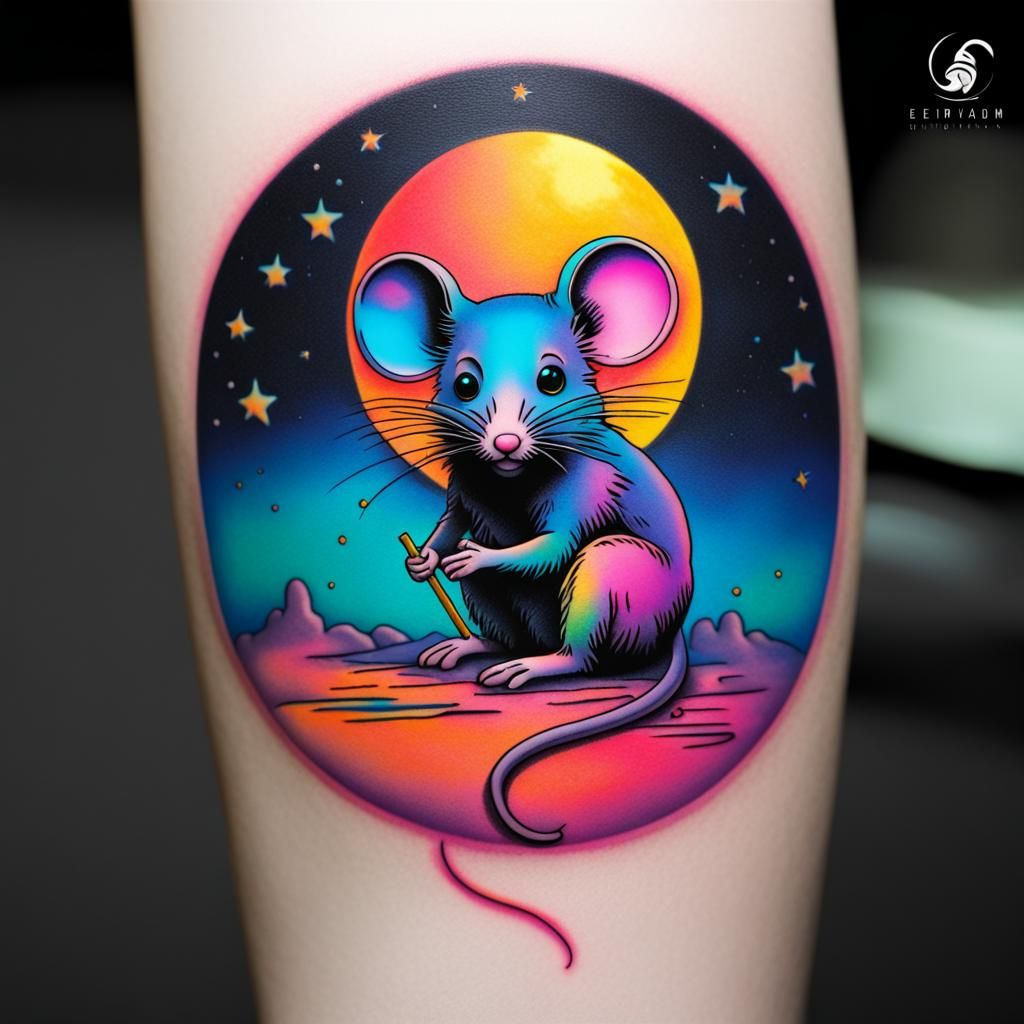 colorful UV-reactive square tattoo of mouse on moon - AI Generated ...