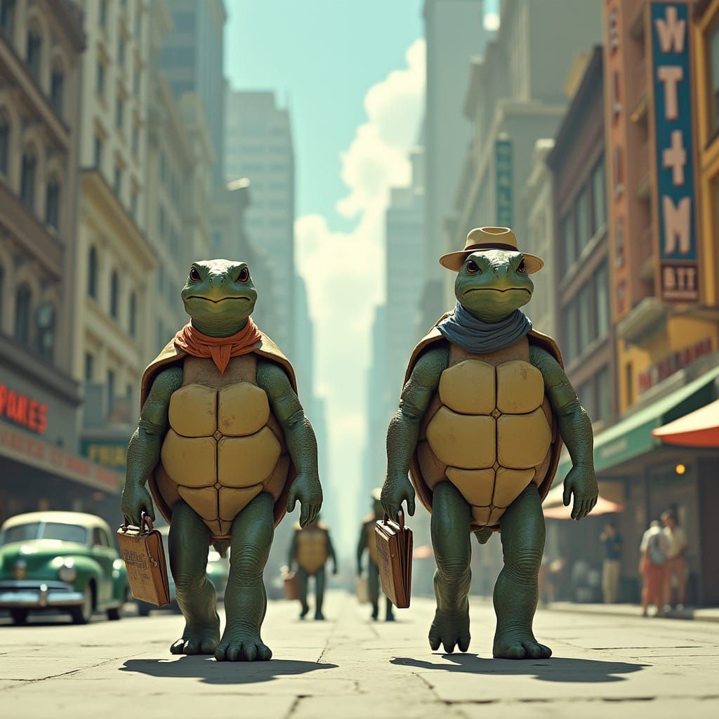 Mid-Century Turtles Stroll Through Retro Metropoli... - AI Art